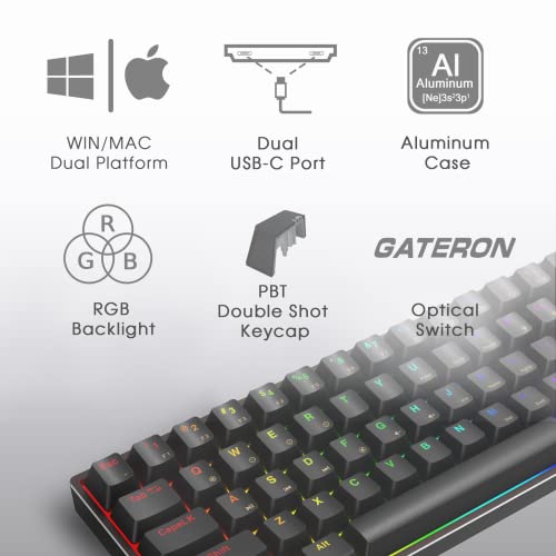 AG AC61M GK61 RGB Gaming Keyboard - 61 Keys Aluminum Case Two USB-C Ports PBT Keycap Hot Swappable Programmable for PC/Mac Gamer (Gateron Optical Red, Black Color)