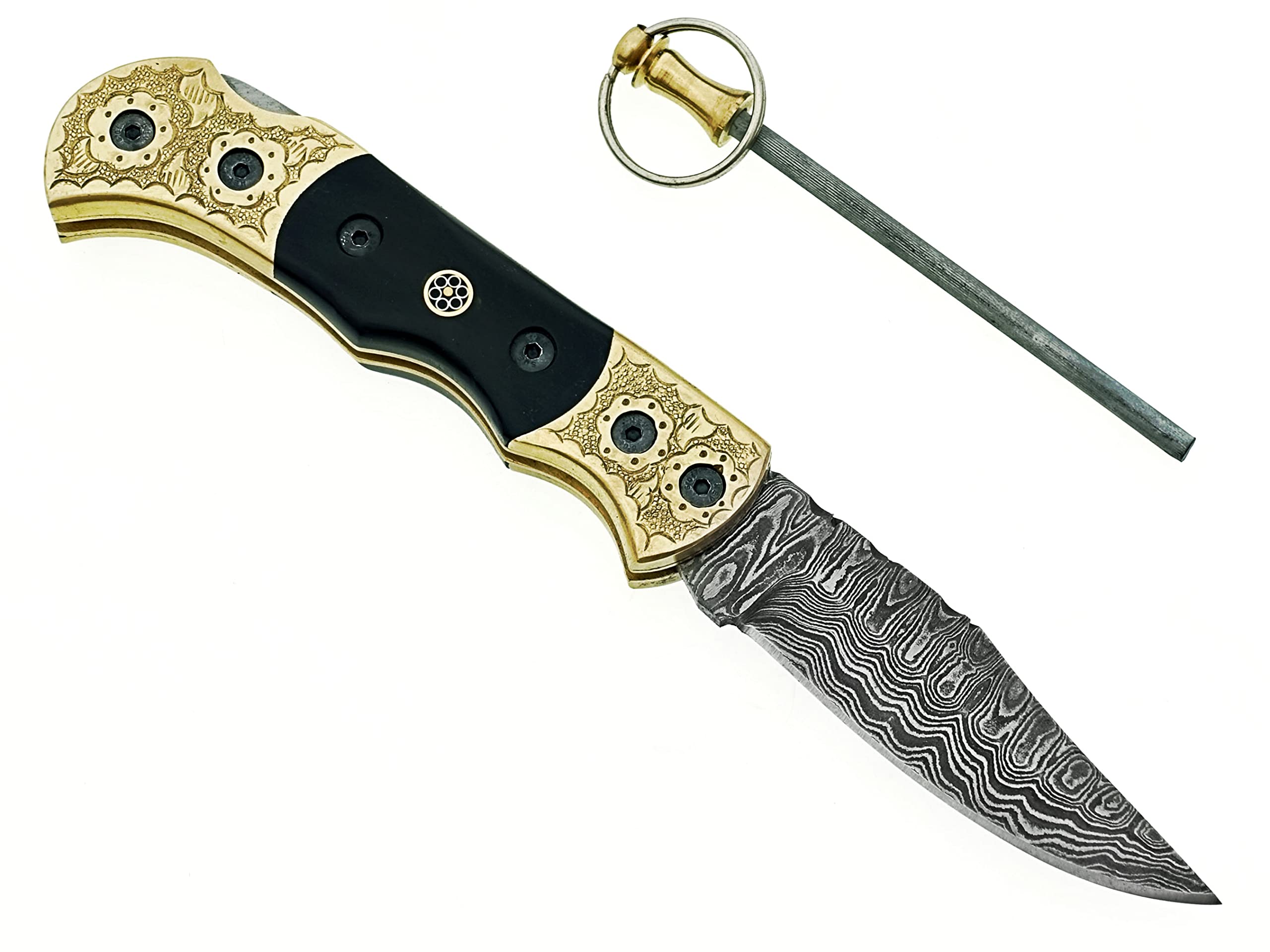 Damascus Steel Blade Folding Pocket Hunting Lock Knife With Real Leather Sheath For Camping Fishing Outdoor. SM106