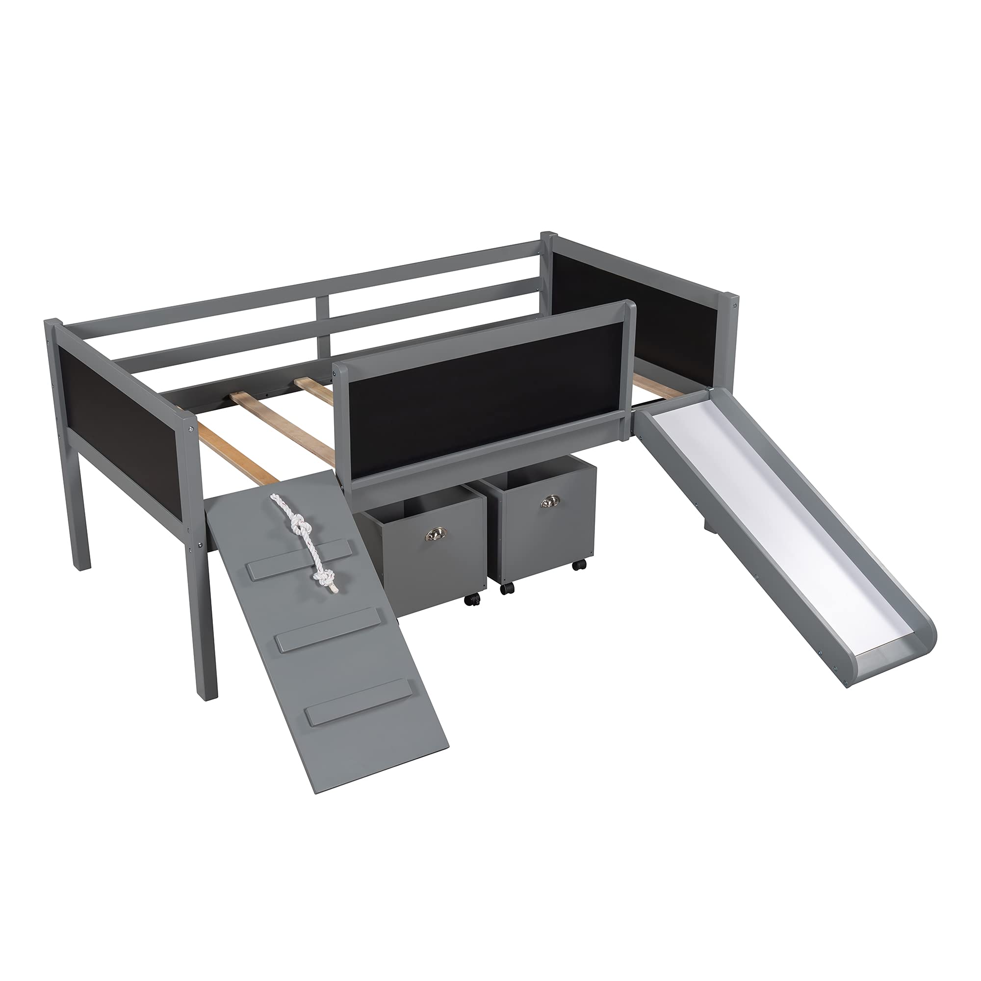 Harper & Bright Designs Kids Loft Bed with Slide, Twin Size Wooden Low Loft Bed Frame with Two Storage Boxes for Boys & Girls, Gray