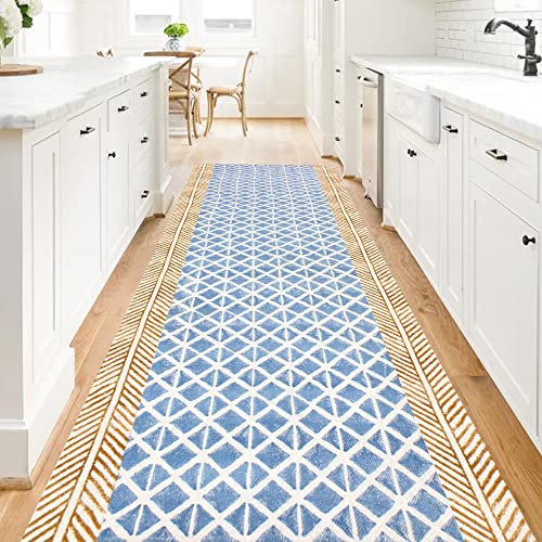 Casavani Indian Handmade Cotton Dhurrie Striped Blue & Brown Area Rug Boho Kilim Flat Weave Rug Indoor Hall Room Decor Carpet Throw Rugs for Bedroom Living Room Bathroom Balcony 8x10 Feet