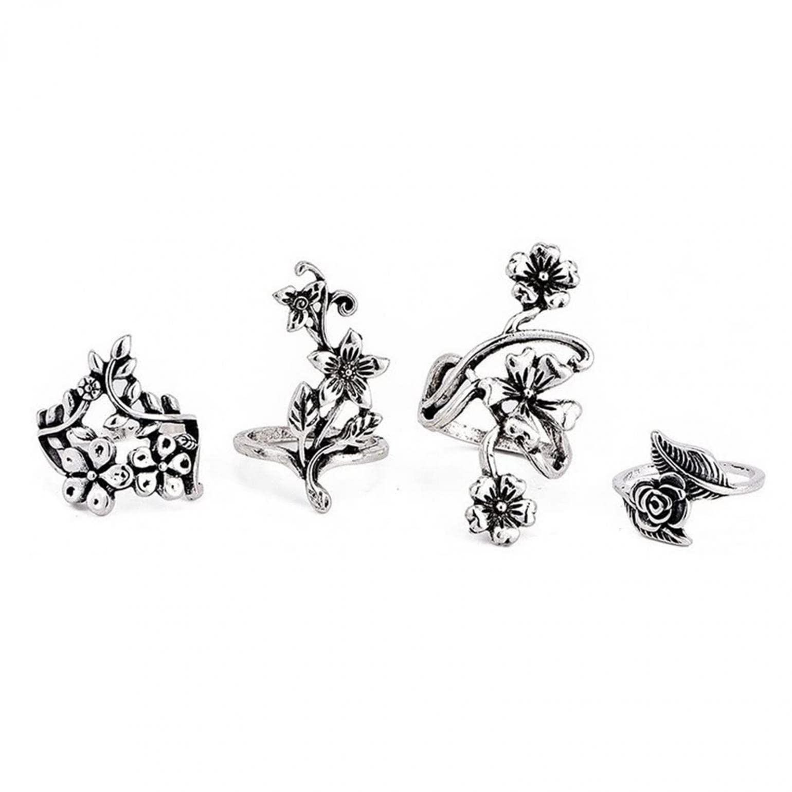 4Pcs Retro Hollow Silver Mori Vine Tree Leaf Flower Ring Set For Womens, 2022 Vintage Stack Rings Set for Teen Girl