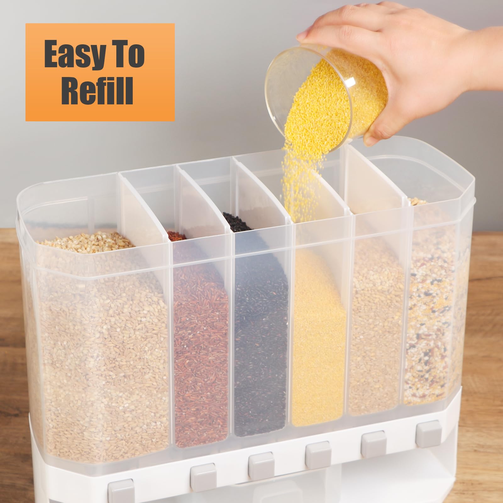 Grain Dispenser with Measuring Cup,Dry Food Dispenser Snack Dispenser Rice Dispenser for Kitchen Organizing,Kitchen Storage 25 Pounds Food Dispensers,6 Grid