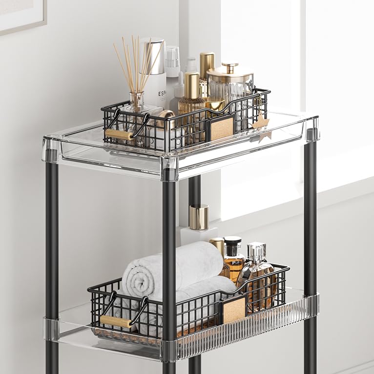 Qcold Bathroom Organizer Basket, Bathroom Organizers and Storage - 2 Pack Bathroom Counter Organizer with Handle - Wire Shelf Basket - Bathroom Countertop Tray for Organizing, Farmhouse Decor -Black