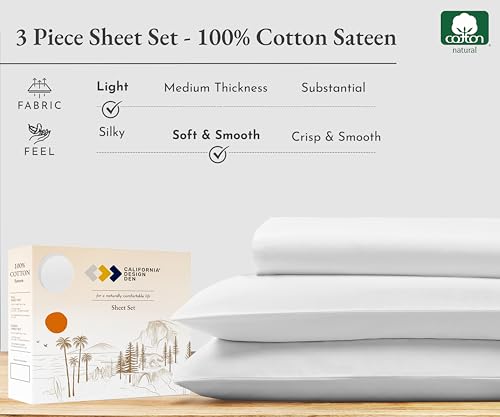 California Design Den Soft 100% Cotton Sheets Twin-XL Bed Sheet Set with Deep Pockets, 3 Pc Extra Long Twin Cooling Sheets with Sateen Weave (White)