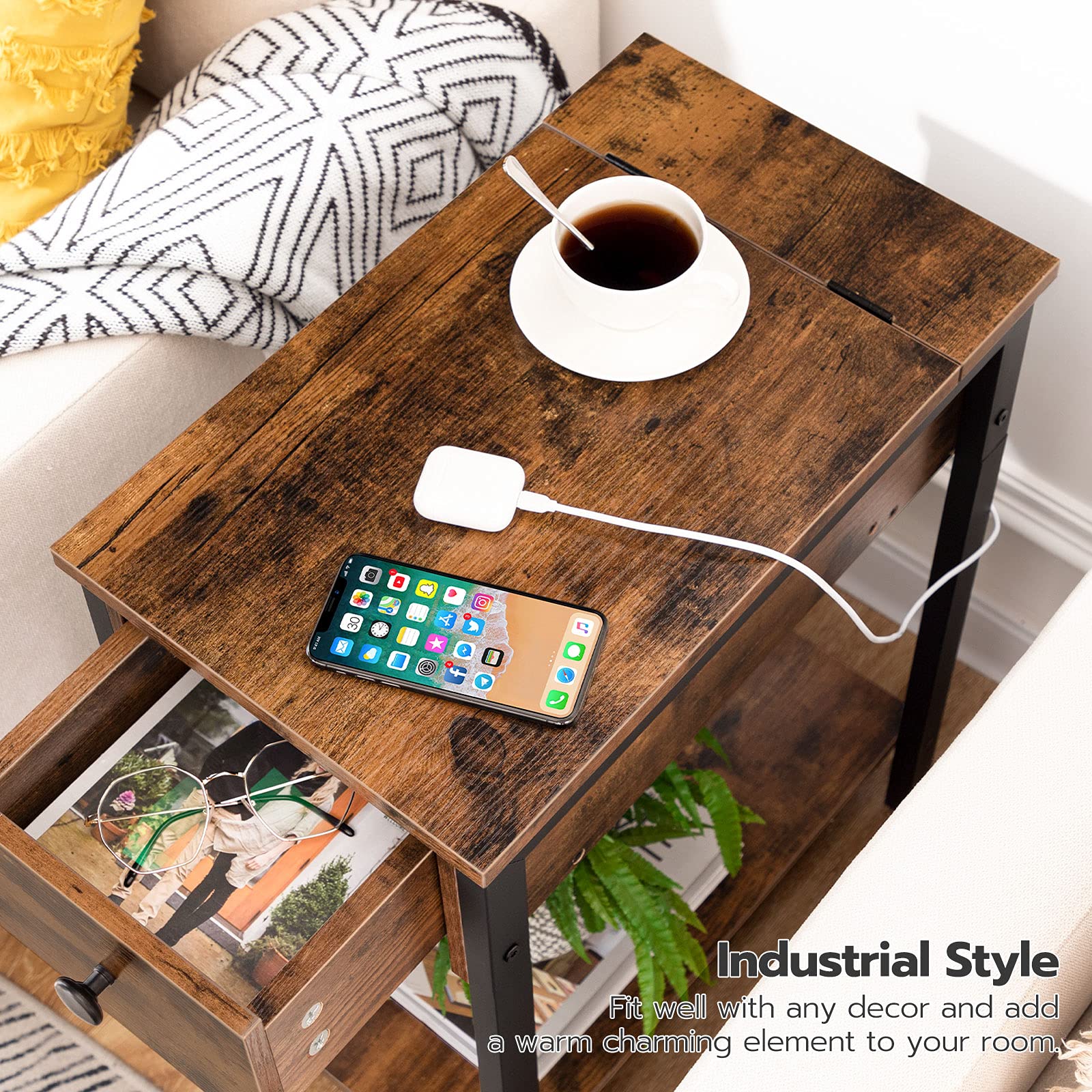 HOOBRO End Table with Charging Station, Set of 2 Narrow Side Table, Small Nightstand, Bedside Table with Drawer and Storage Shelves, for Small Spaces, Rustic Brown and Black BF041BZP201