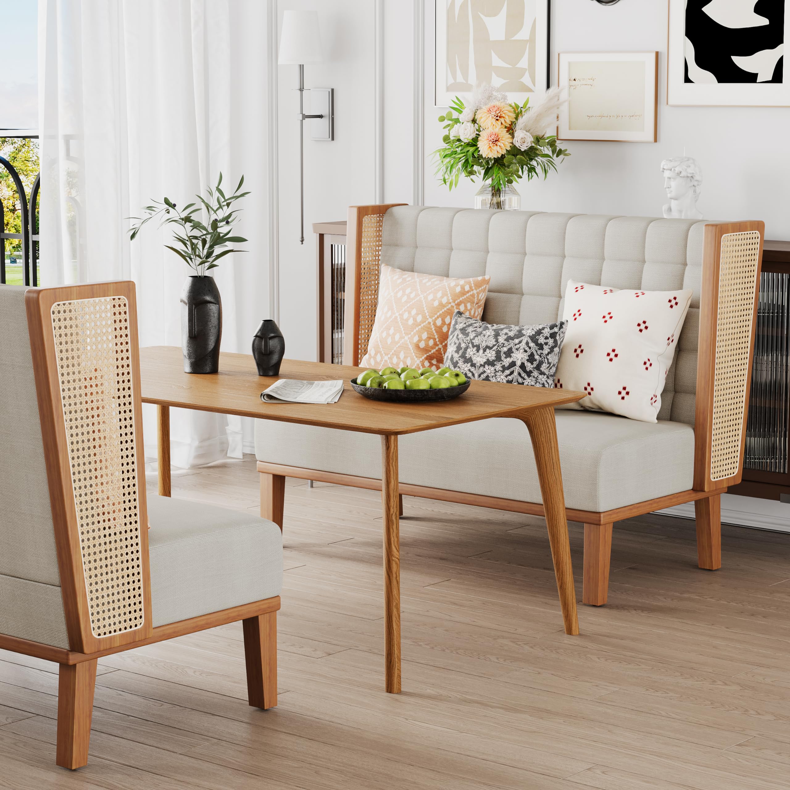 Andeworld Loveseat Settee Bench with Rattan Arms, Upholstered Modern Mini High-Back Sofa Couch,Banquette Dining Bench for Living Dining Room Bedroom Office Small Space Entryway,Beige