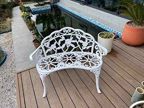 C/G Patio Balcony Bench Double Seat, Anti-Rust Cast Aluminum Patio Garden Bench for Park Yard Outdoor Furniture White
