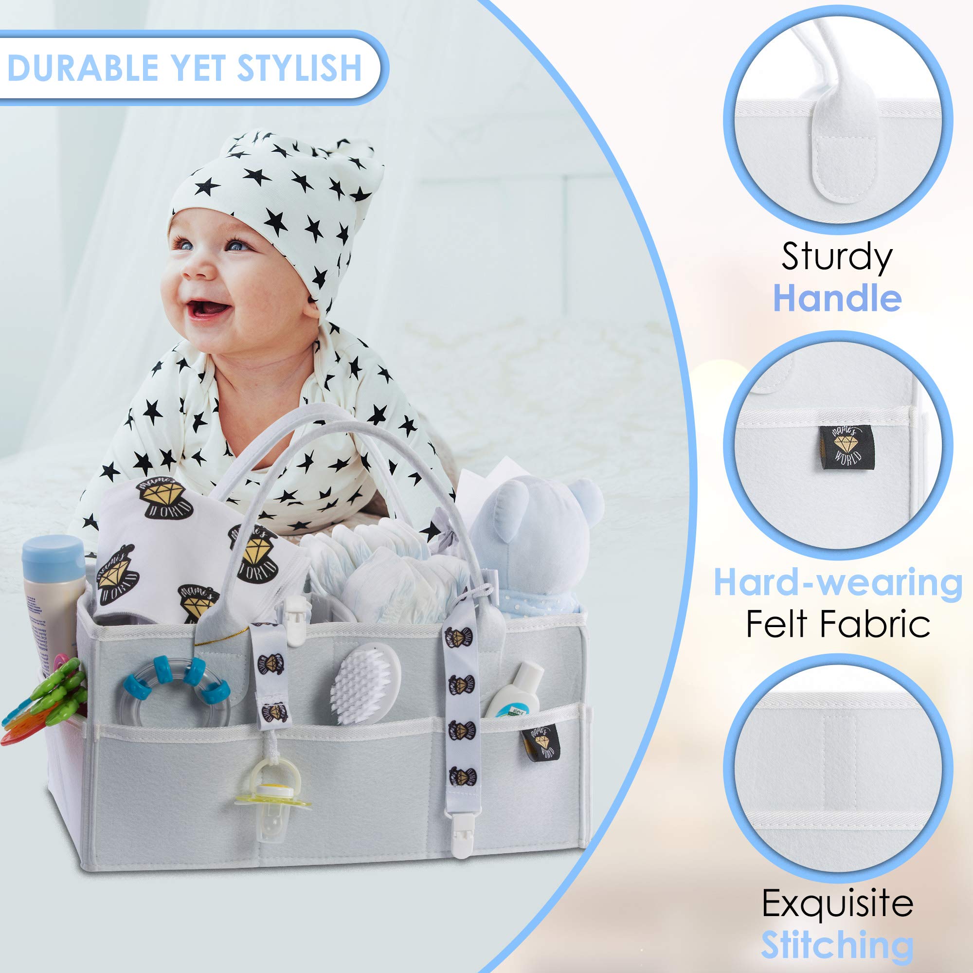 Mami's World: Baby Diaper Caddy Organizer; Portable Bag Holder for car & Changing Table; Essential Storage Bins for Nurseries with Gifts- 2 Pacifier Clips & 2 Bibs