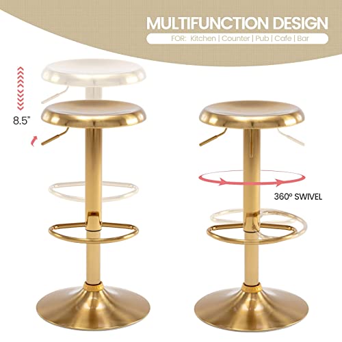 Brage Living Adjustable Bar Stool, Swivel Round Metal Airlift Barstool, Backless Counter Height Bar Chair for Kitchen Dining Room Pub Cafe (Gold)