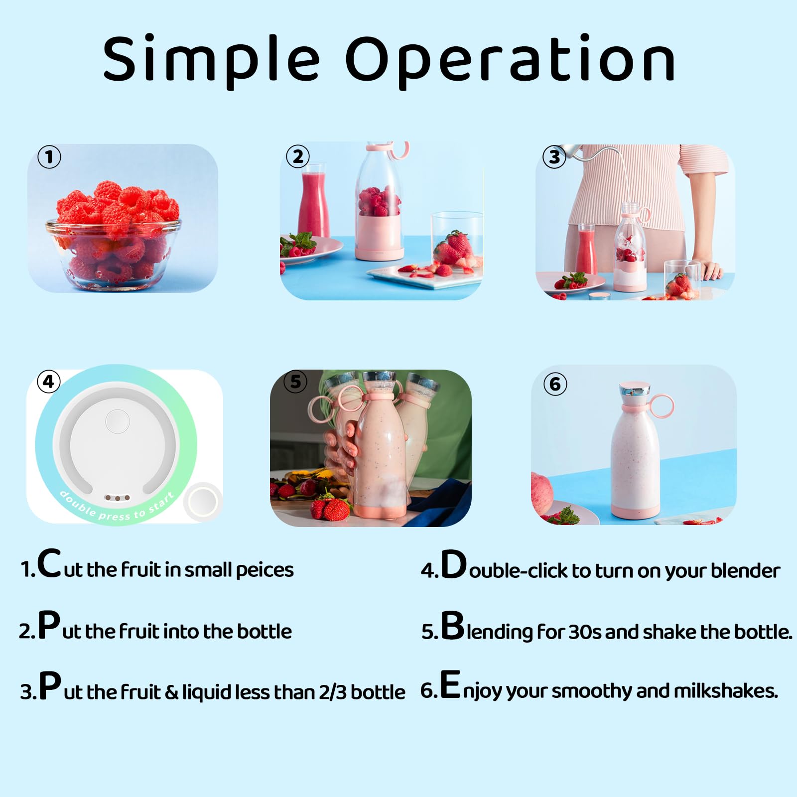 Asa Vea Mini Blender for Smoothies and Milkshakes, Portable Blender, Rechargeable, Personal Size Blender with Quota Outer Travel Lid with 4 Blades, 11 oz for Outdoors, Camping (White)