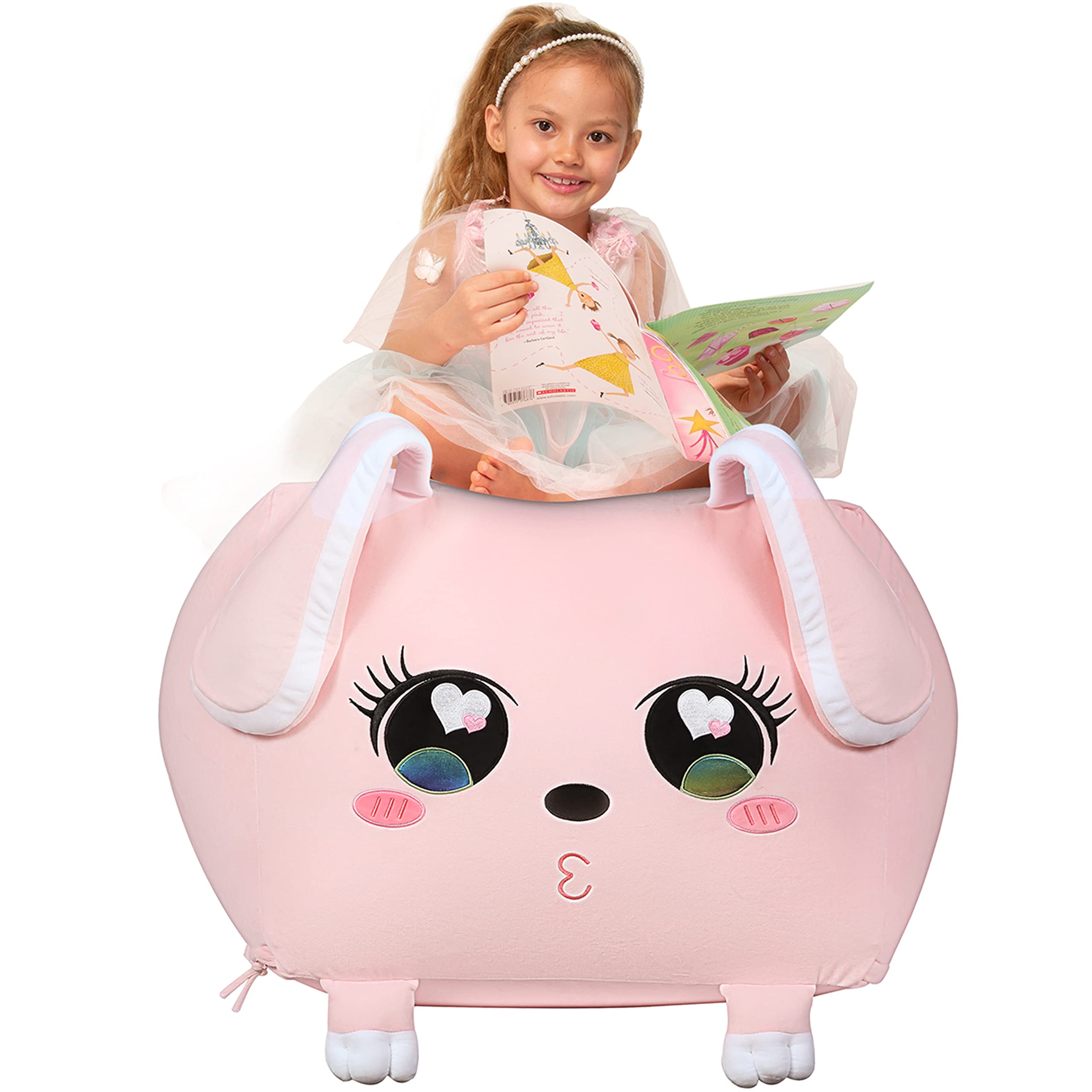 Big Ear Rabbit Toy Organizers and Storage, Cute Bean Bag Chair Pink for Girls Room Decorations, Large Size 22x24 Inch Velvet Extra Soft, Cover ONLY