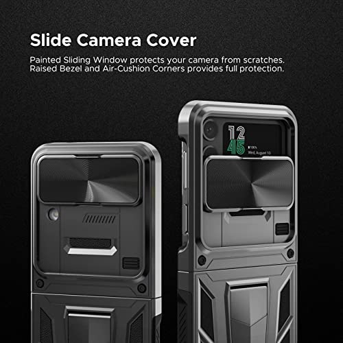 CASESTAR Military Armor Series Case for Samsung Galaxy Z Flip 4 / Z Flip 3,Build-in Kickstand & Camera Protection Sliding Cover - (Metallic Black)