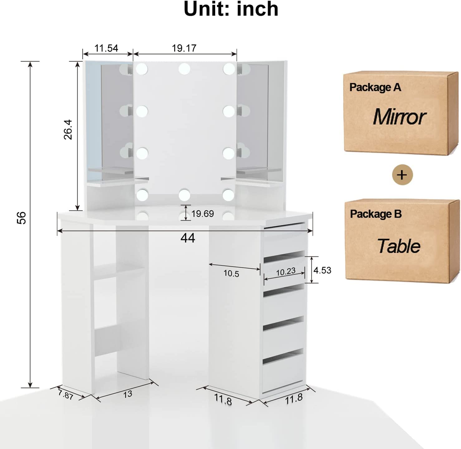 Likein Corner Vanity, Makeup Vanity Desk with Lights, Bedroom White Vanity with Lighted Mirror, Makeup Table with Drawers and Mirror for Women Girls, 3 Lighting Modes Brightness Adjustable