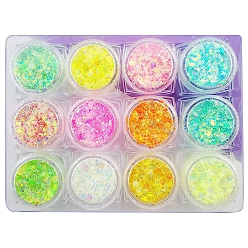 Glitter Nail 12 Colors Gel Eye Makeup Mixed Fluorescent Glitter Powder Holographic Nail Sequins Shapes Mixed Iridescent Nail Glitter DIY Design Manicure Decorations Sets for Nail Art/Craft/Makeup
