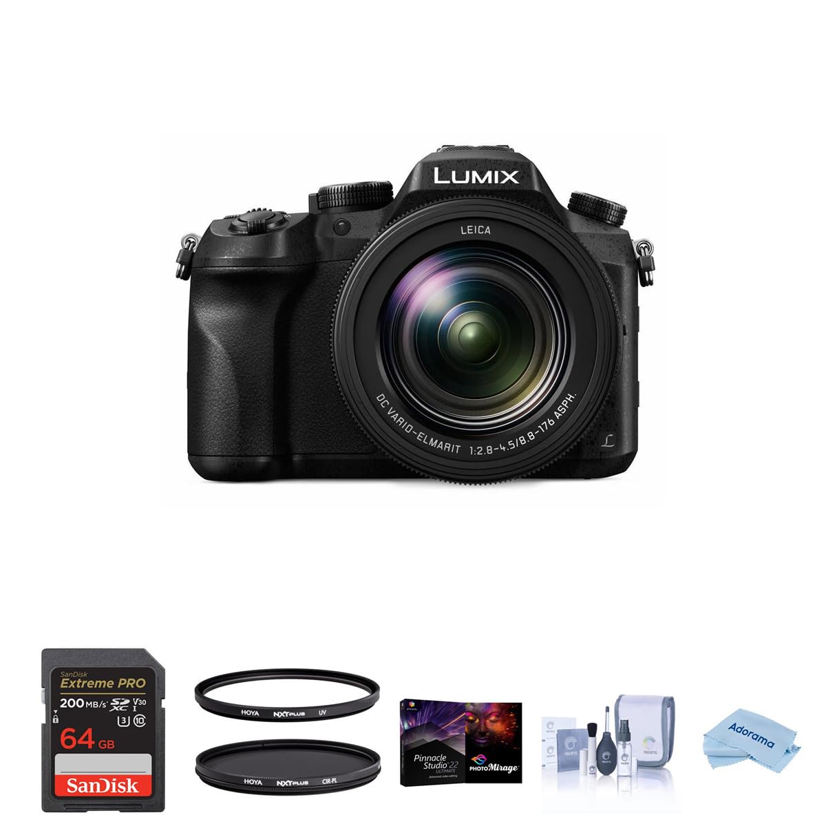 Panasonic Lumix DMC-FZ2500 Digital Point and Shoot Camera - Bundle with Hoya NXT Plus 67mm HMC UV Filter, NXT 67mm HMC CPL Filter, 64GB HDXC Card, Cleaning Kit, Microfiber Cloth, Pro Software Pack