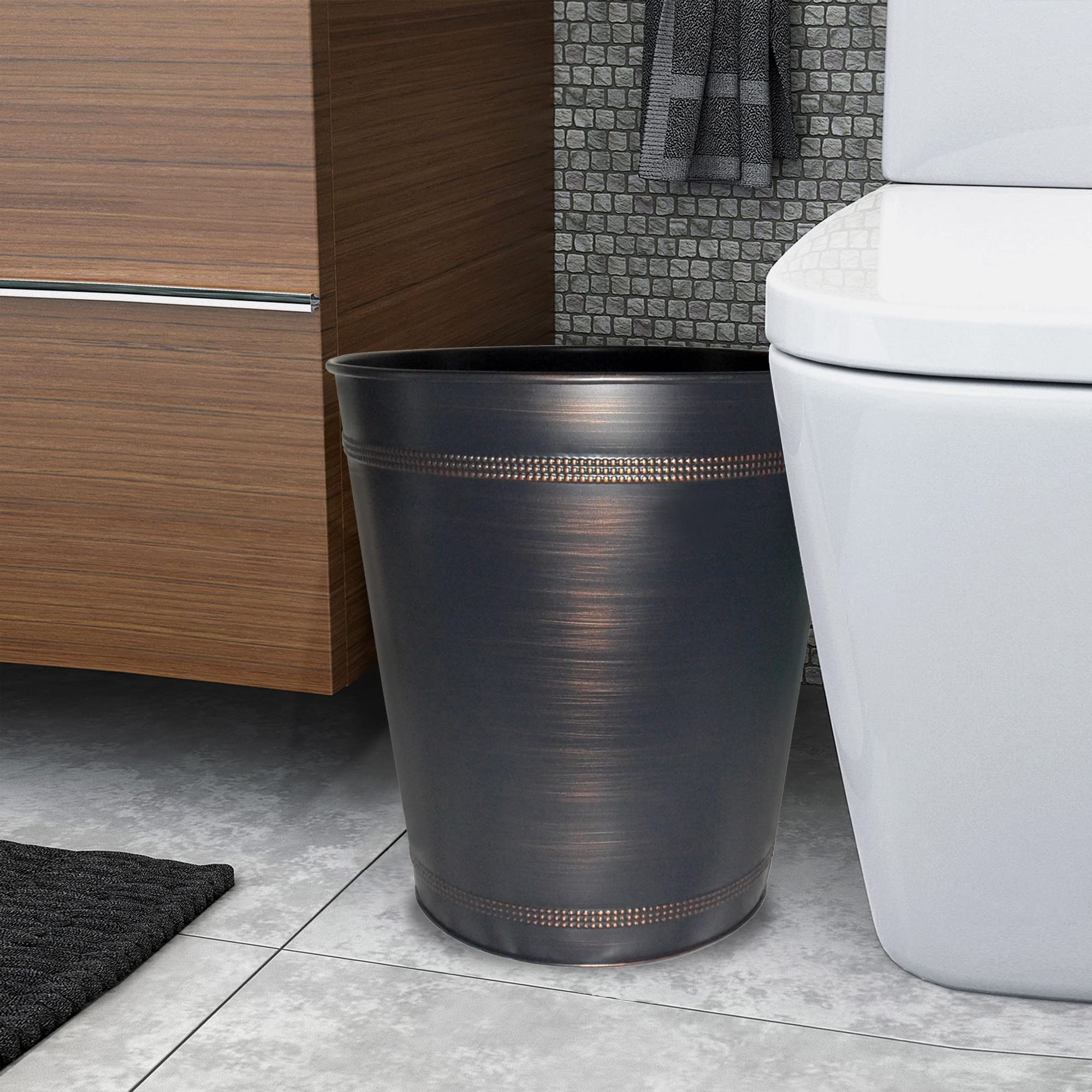 nu steel Set of 2 Round Metal Small 2.5 Gallon Recycle Trash Can Wastebasket, Garbage Container Bin for Bathrooms, Kitchen, Bedroom, Home Office - Durable Stainless Steel - Oil Rubbed Bronze Finish