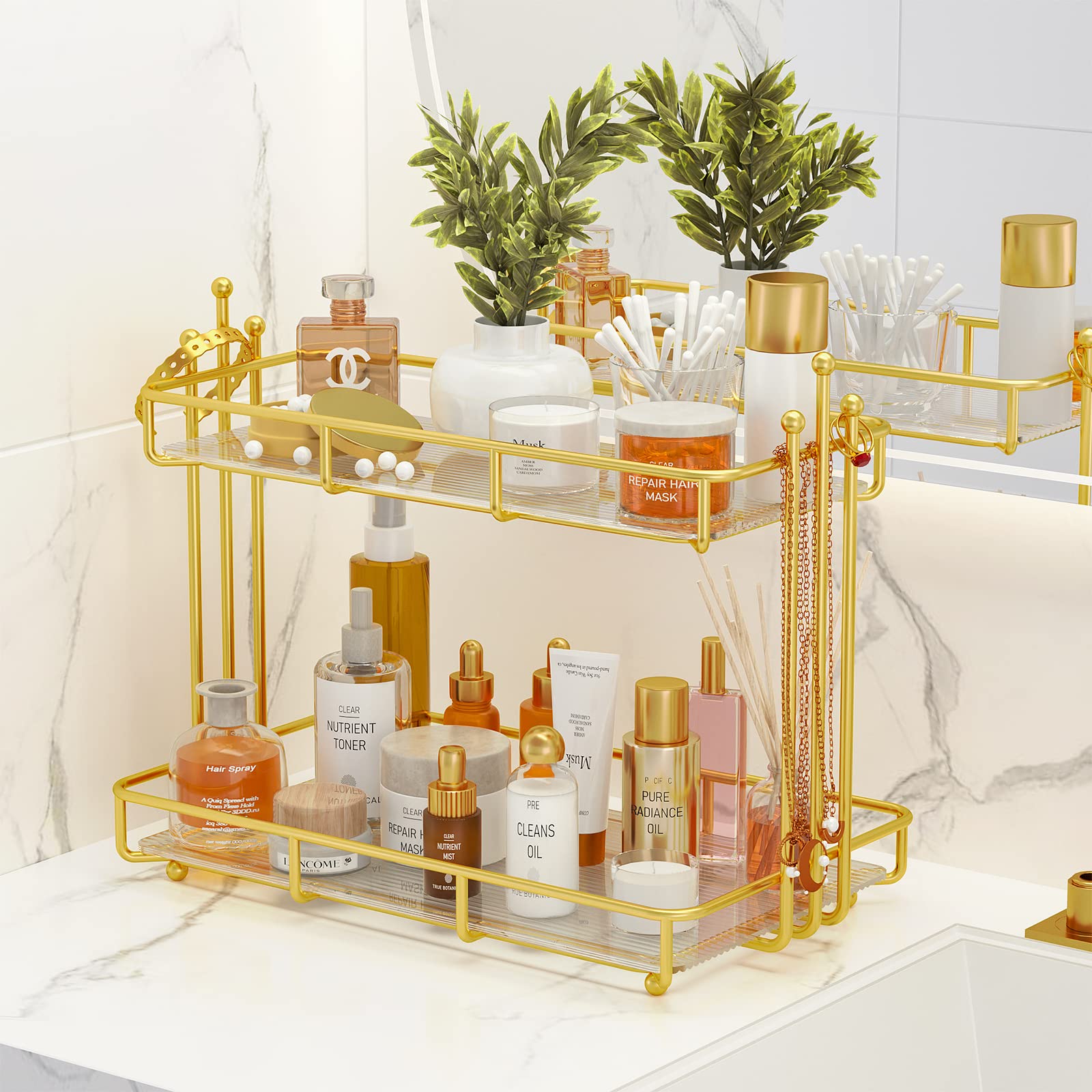 WELLFAST Bathroom Organizer Countertop Perfume Organizer Skincare Organizers 2 Tier Bathroom Tray Stainless Steel Gold Shelf Acrylic Tray