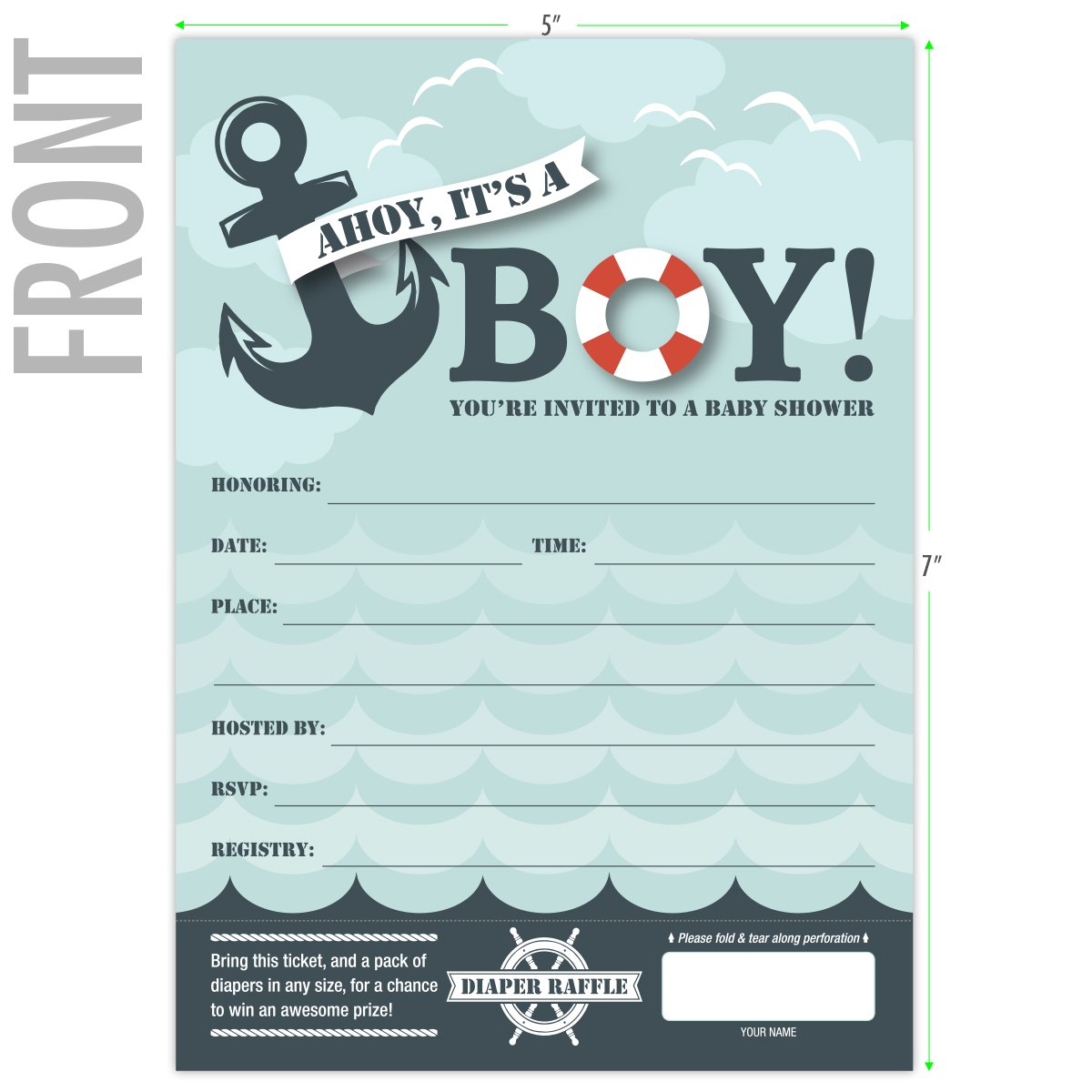 Koko Paper Co It’s A Boy Nautical Baby Shower Invitations with Tear-Off Diaper Raffle Tickets. 25 5x7 Fill in The Blank Style Invites with White A7 Envelopes.