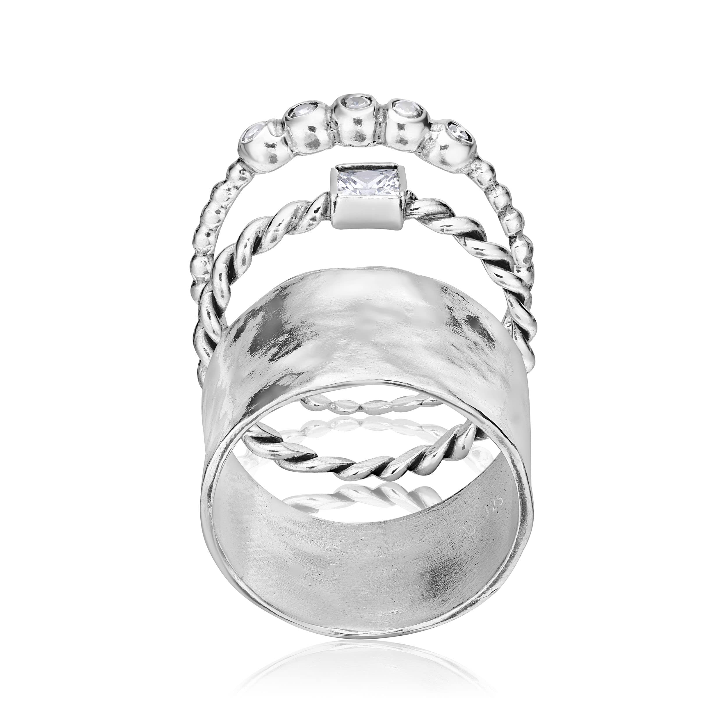 925 Sterling Silver Stack Ring With 1 White Square, 5 Round Cubic Zirconia 3 Rings, Stackable, Hypoallergenic, Nickel and Lead-free, Artisan Handcrafted Designer collection, Made In Israel