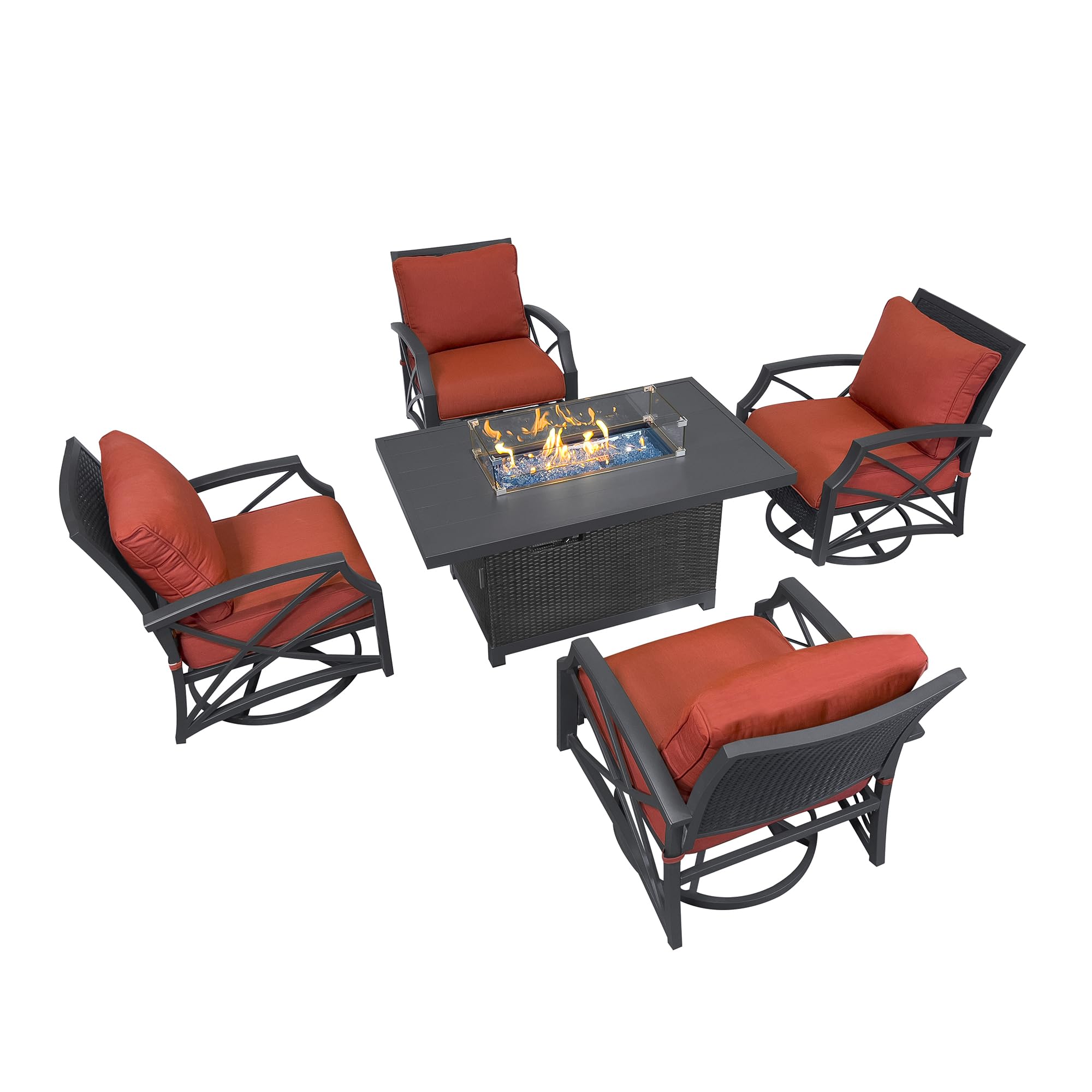 Kinger Home Novi 5-Piece Outdoor Patio Furniture Set with 52-Inch Propane Fire Pit Table - CSA Certified, 50,000 BTU, Swivel Chairs, Aluminum Frame, Includes Fire Glass & Wind Guard