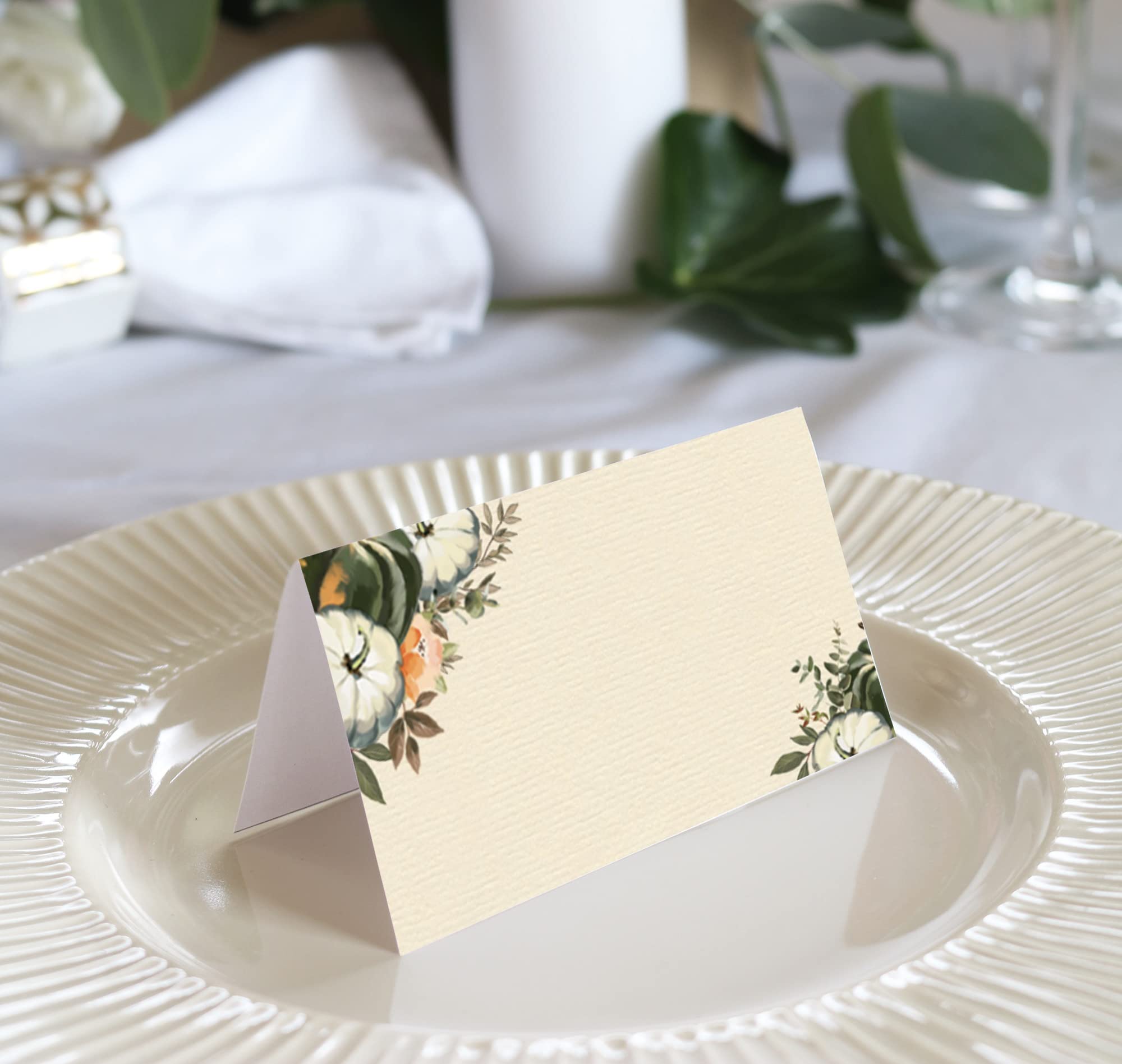 Desert Mercantile Fall Harvest Pumpkin Place Cards - 25 pack β Tented Tabler Cards for Thanksgiving Table Decor, Autumn Weddings, Holiday Buffets, Dinner Parties, or Place Settings. 2"x3.5" (folded).