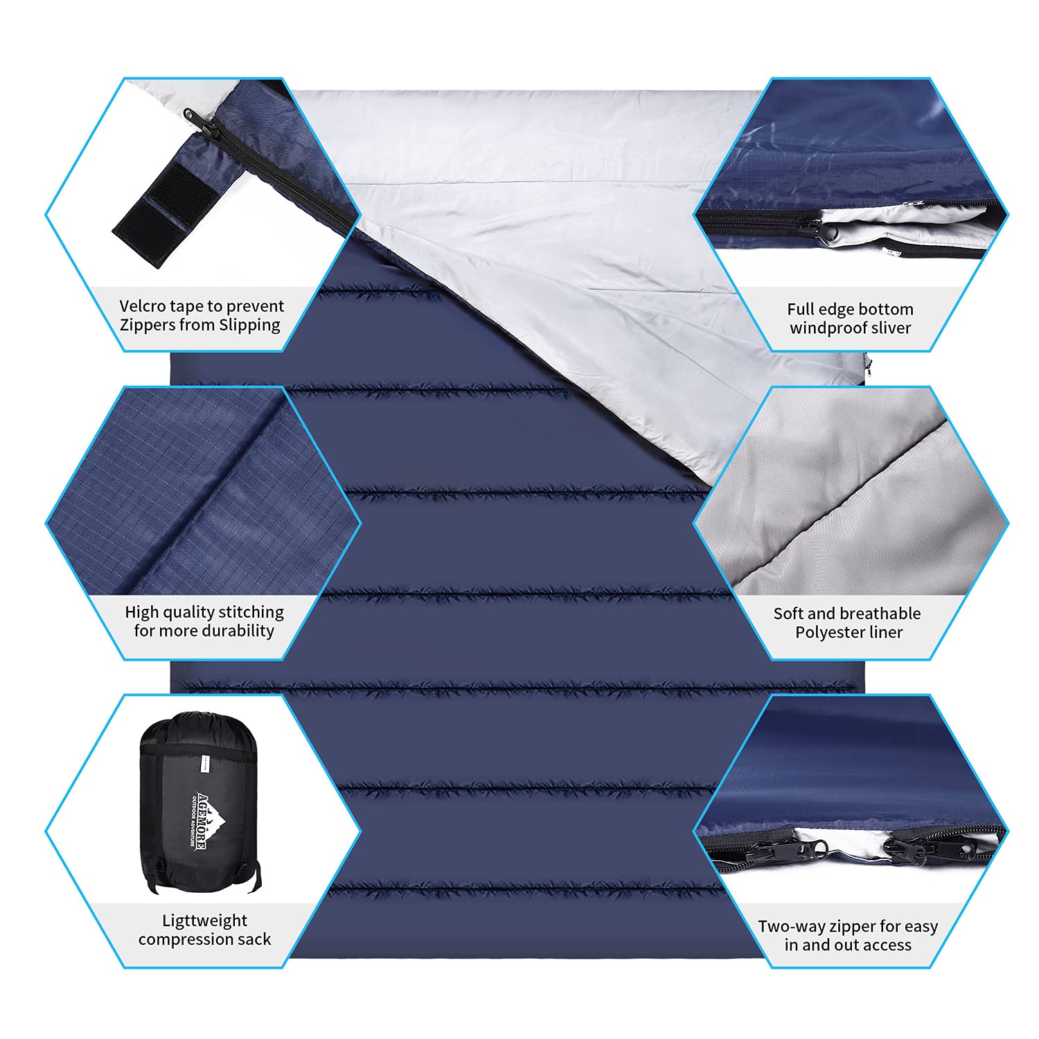 AGEMORE Double Sleeping Bag for Camping, Backpacking Or Hiking, Lightweight Waterproof 2 Person Sleeping Bag with 2 Pillow, Queen Size Sleeping Bag for Adults Or Teens, Truck or Tent (6LB Blue)
