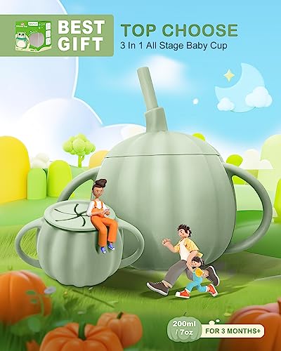BRVTOT Baby Snack Containers & Straw Cup 7 oz, Spill Proof Toddler Cup with Straw & Snack Cup Lid & DustProof Lid, BPA Free Silicone Training Sippy Cup with Handle for Babies Toddlers 6+ Months Gifts