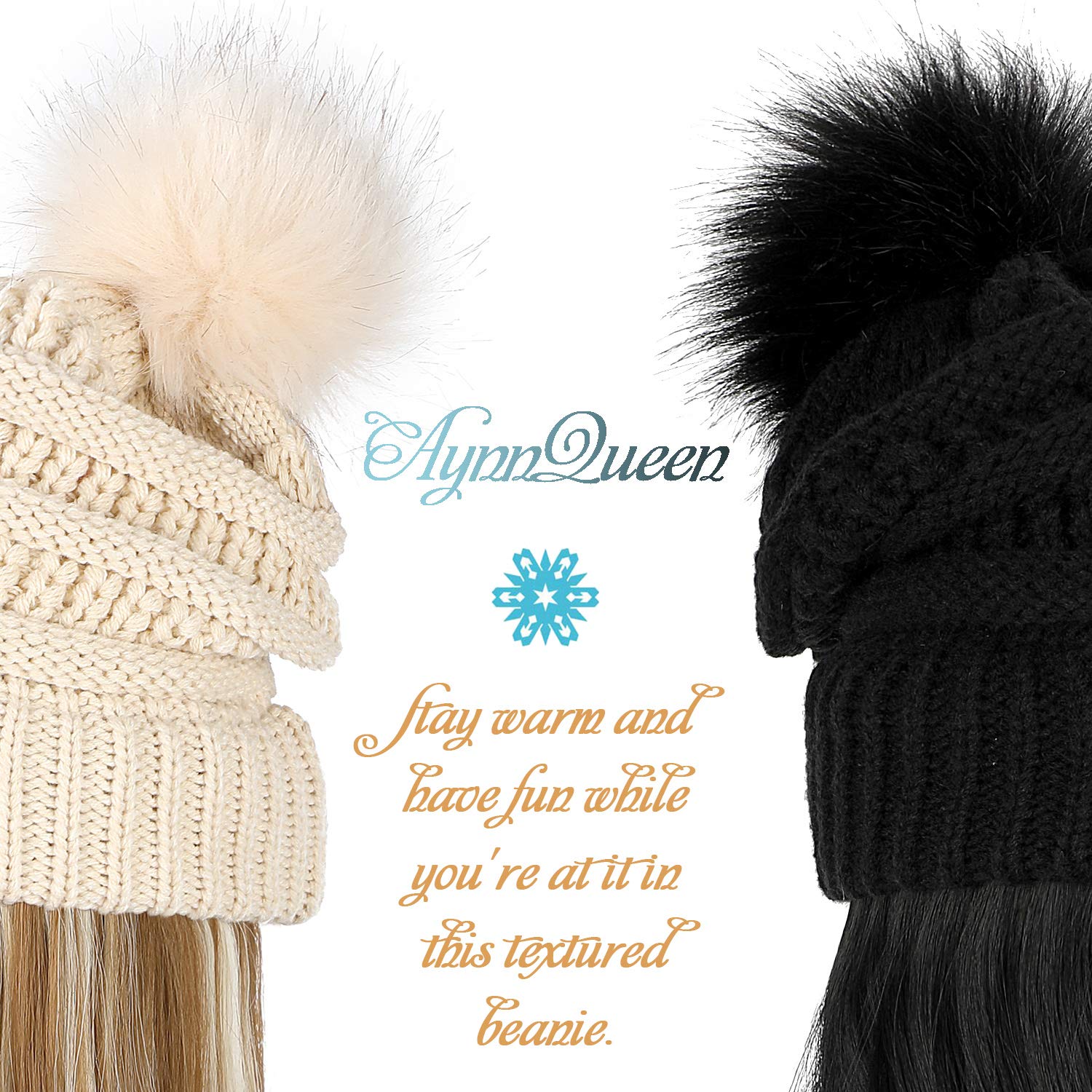 AynnQueen Beanie with Hair Attached for Women Slouchy Cable Hat Wig Knit Beanie Winter Hat with 20inch Removable Hair Extensions Wig (Medium Brown-Black Hat)