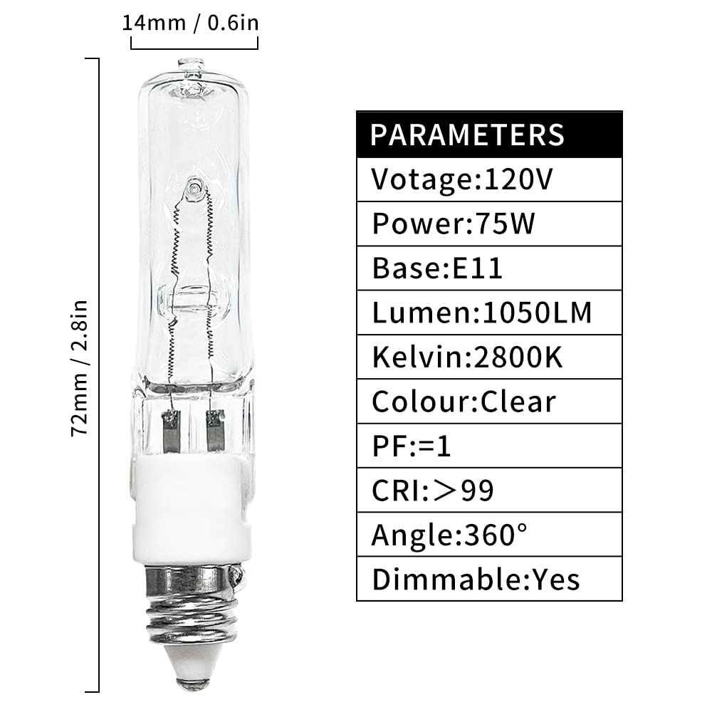 4vwin JDE11 T4 Halogen Bulb 120V 75W Dimmable Warm White 1050lm 2800K Clear for Chandeliers, Ceiling Fan, Table Lamps, Cabinet Lighting (4, 75W 120V)