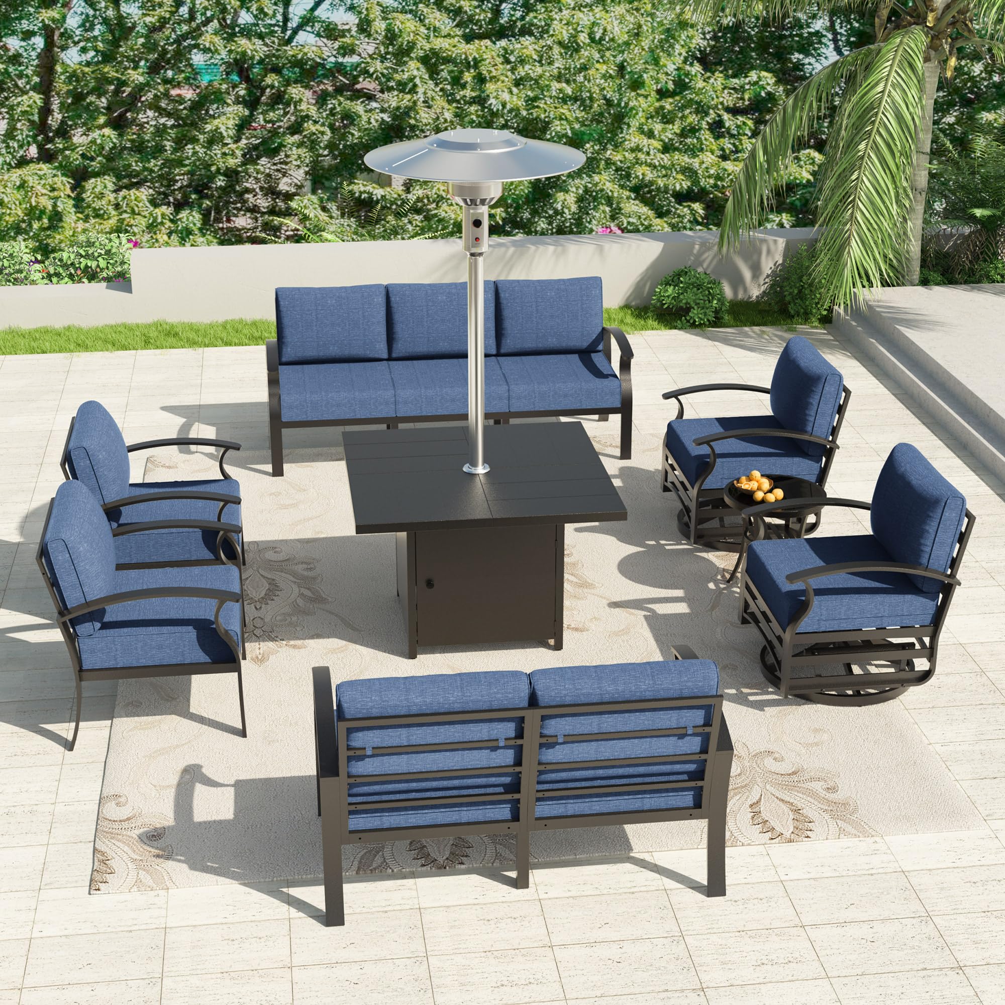 Kullavik Aluminum Patio Furniture Set,8 Pieces 9 Seat Metal Outdoor Furniture Conversation Set w/Patio Square Table Heater &Swivels,Navy Blue