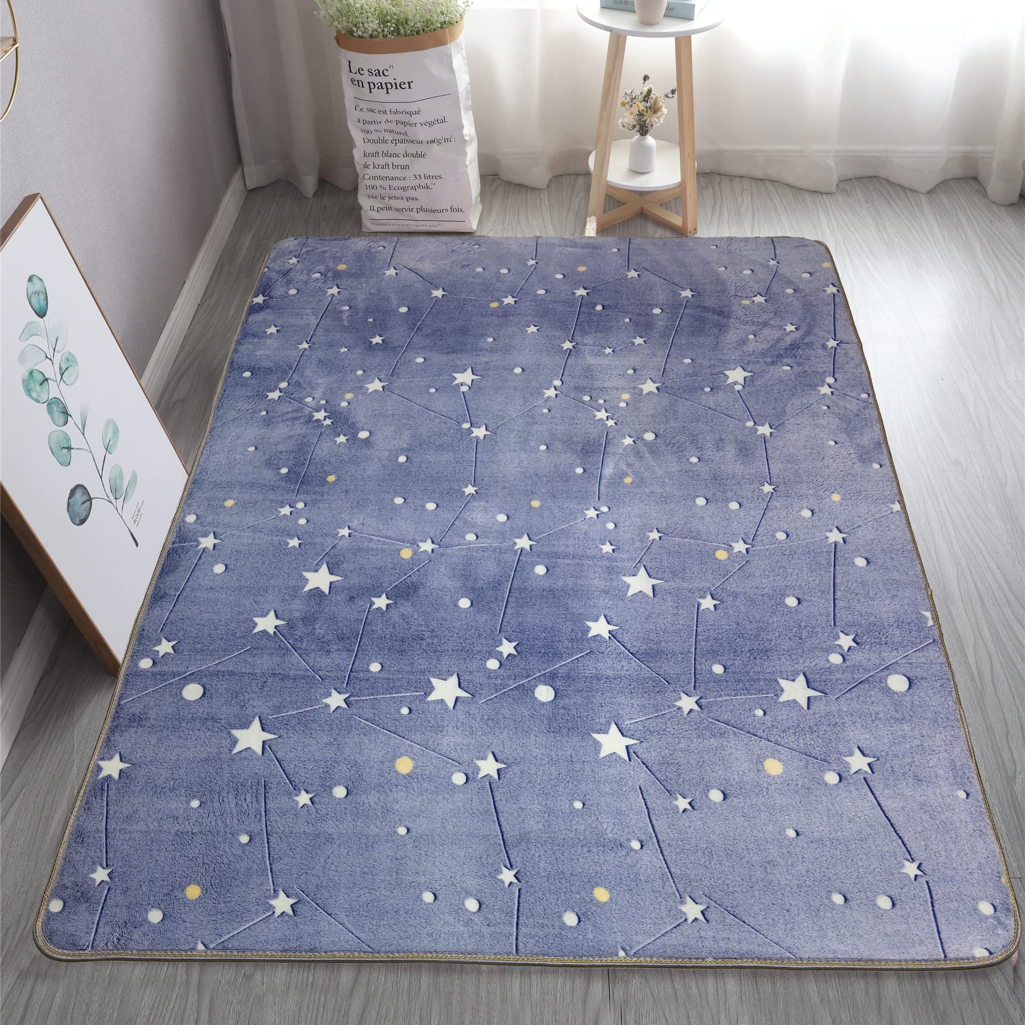 Gefosin Luminous Area Rug Glow in The Dark for Bedroom Living Room, Unique Soft Washable Modern Indoor Rugs for Children Dorm Home Decor, Blue Galaxy 2x4 Feet