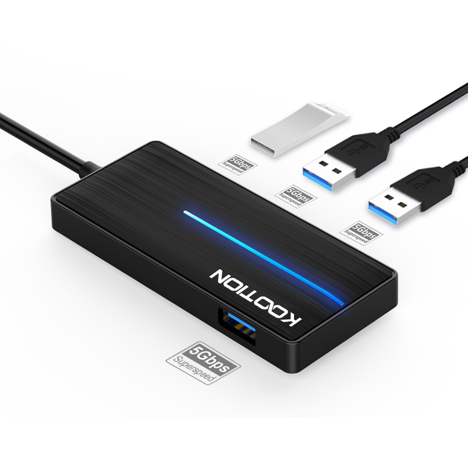 KOOTION 4-Port USB 3.0 Hub, Ultra-Slim Data Hub (5Gbps Transfer Speed) with LED Indicator for MacBook, Windows PC, Surface, Mobile HDD, Ultrabook, Flash Drive, Laptop (Black)