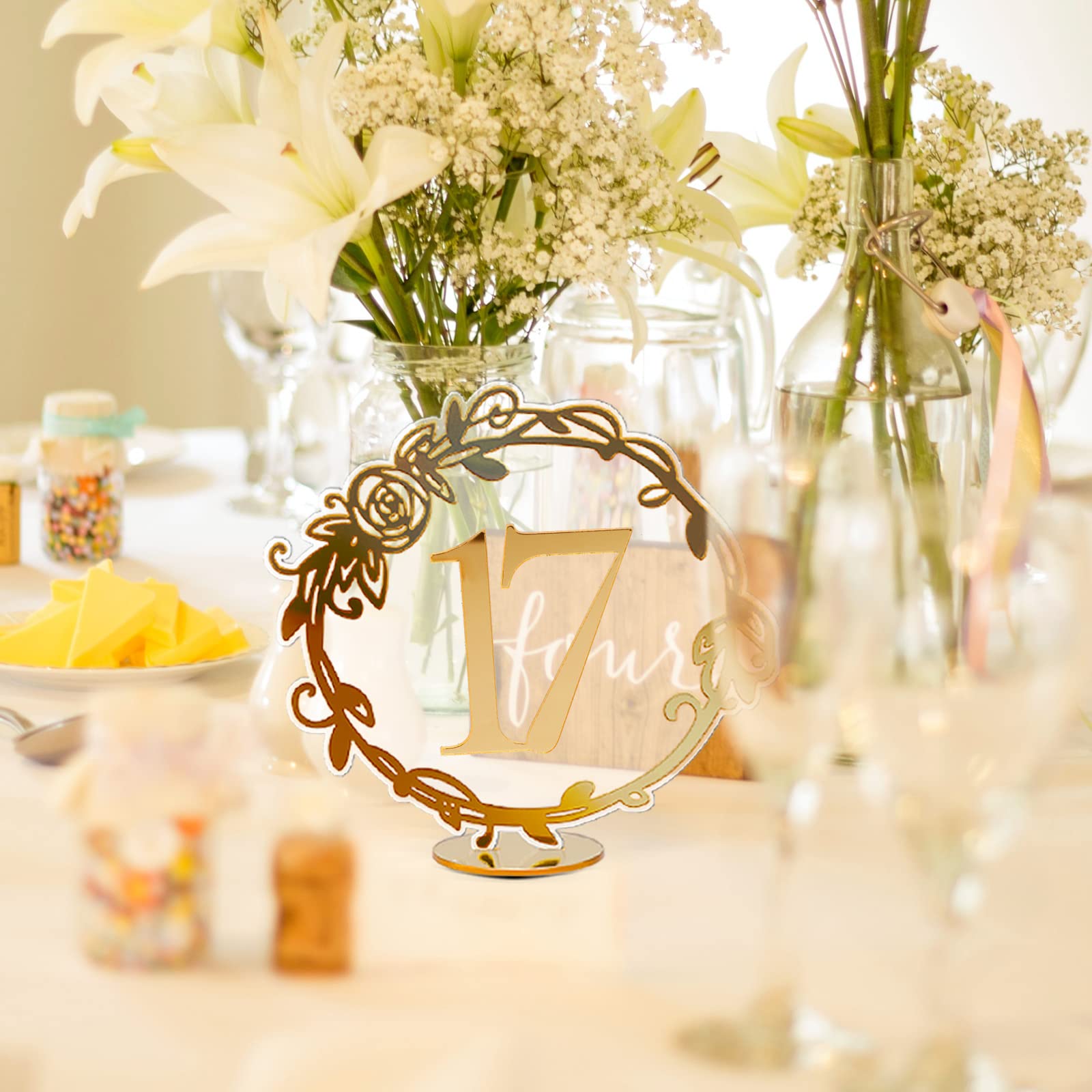 NAWTOR 20Pcs Gold Acrylic Table Numbers Lace Table Numbers With Stands Holder Base Elegant Mirror Table Numbers for Wedding Party Event Catering
