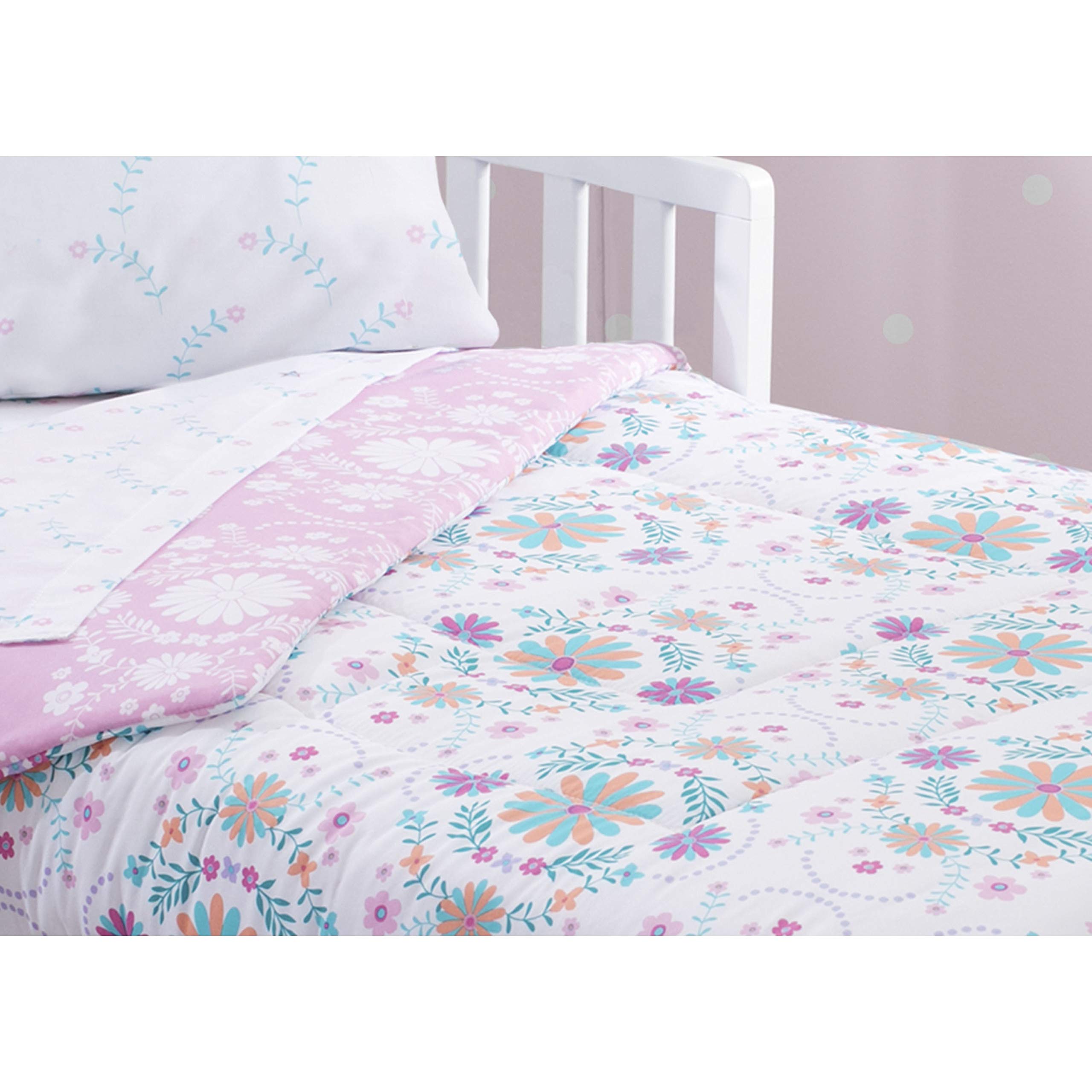 Delta Children Toddler Bedding Set | Girls 4 Piece Collection | Fitted Sheet, Flat Top Sheet w/Elastic Bottom, Fitted Comforter w/Elastic Bottom, Pillowcase, Bohemian | Pink/Multi