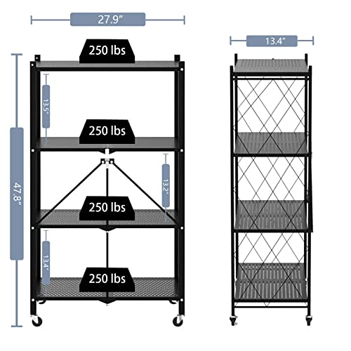 MYDENIMSKY 4 Tier Storage Shelf, Heavy Duty Foldable Shelving Units with Wheels, Metal Storage Rack, Wire Shelving Units No Assemble Required, Moving Easily Great for Laundry Garage Kitchen, Black