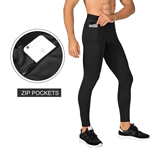 ABTIOYLLZ Men's Athletic Leggings Compression Pants with Zip Pockets Cool Dry Running Workout Gym Baselayer Tights