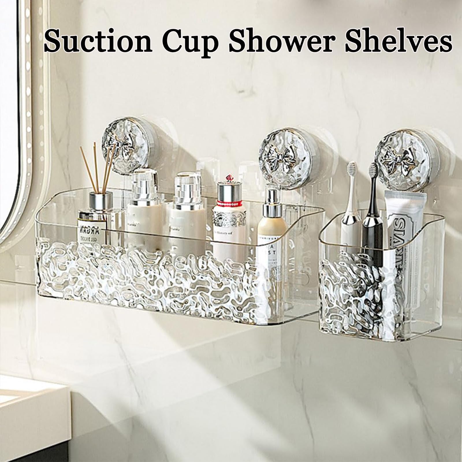 WOSLXM Nishomee Light Luxury Style Glacier Pattern Suction Cup Shelf, Suction Cup Shower Shelves, Suction Cup Shower Caddy, No-Drilling Removable Shower Dispenser Soap Organizer (White-S)