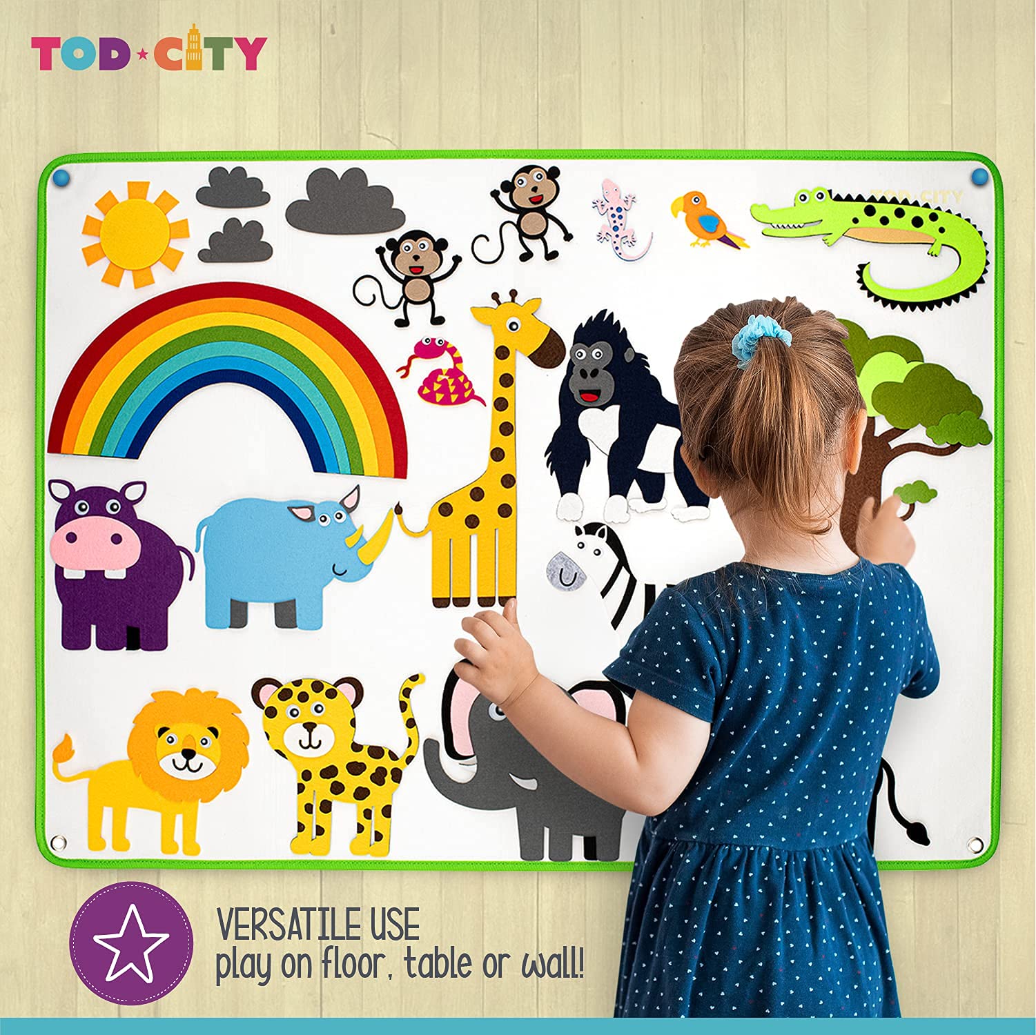 Tod City Flannel Felt Story Board Set: in The Jungle - Large Wall Hang 25 Pre-Cut Piece Interactive Learning Toy for Preschool, Kindergarten, 3+ Year Old Children