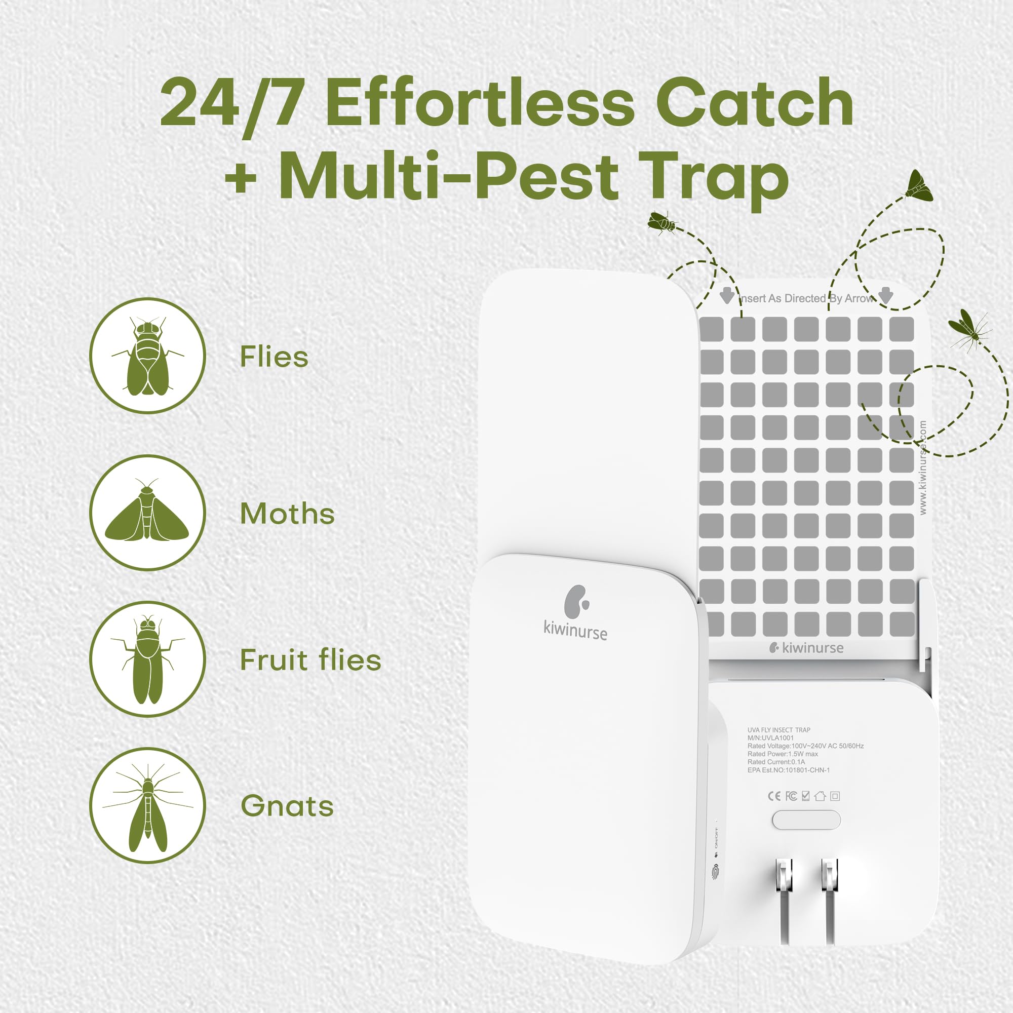 Kiwinurse Indoor Fly Trap for Home - Flying Insect Trap Fruit Fly Traps for Bugs, Gnats, Moths for Indoors with Bug Lights & Refills,1 Device+2 Double Sided Glue Cards