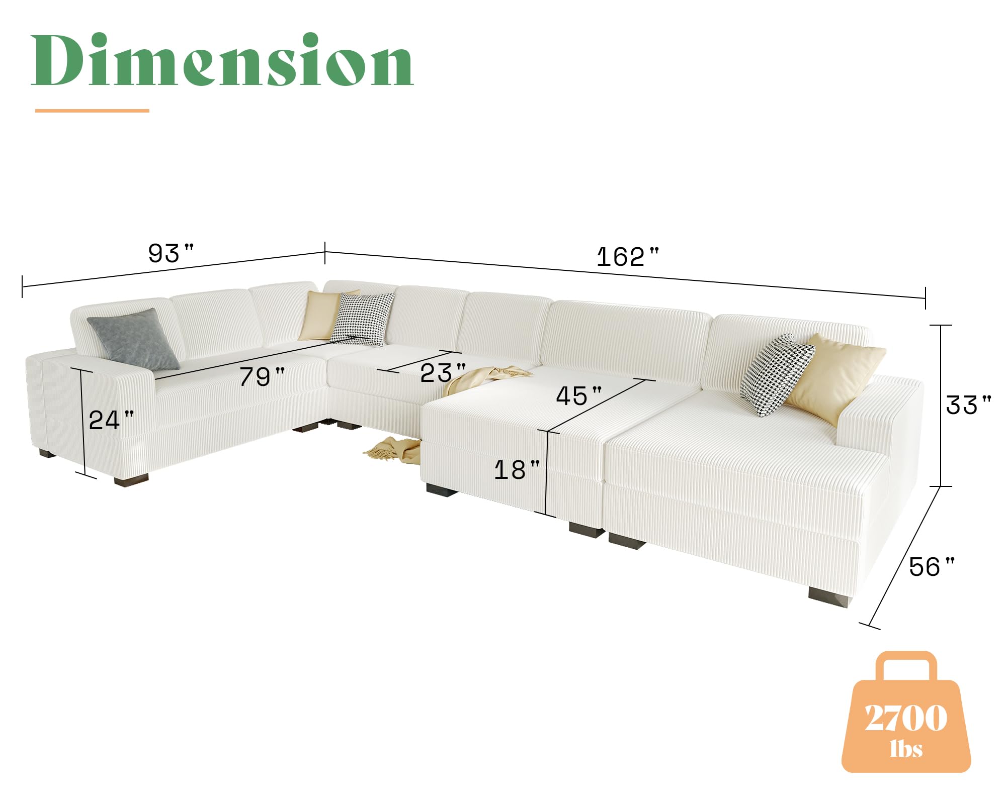 AMERLIFE 162Inch Oversized Sectional Sofa, U Shape Couch with Corner Seat, Corner Sofa with Right Facing Oversized Double Chaise, Large Sofa for Living Room, White Corduroy