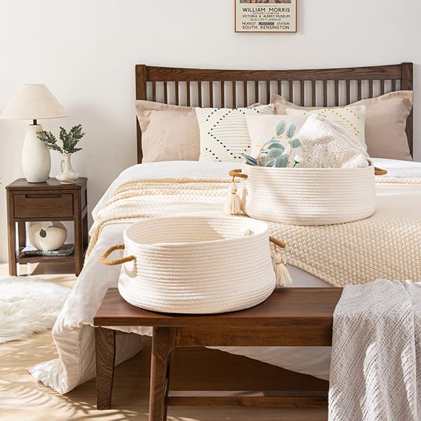 KAKAMAY Woven Baskets for Storage(16"x8"),Blanket Basket for Organizing Living Room,Cotton Rope Basket Woven Baby Laundry Hamper,Collapsible Laundry Room Organization,Clothes,Toy Chest(White)