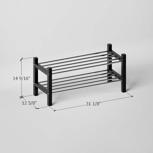 ARROWSTONE Black Shoe Rack 2 Tier, Solid Acacia Wood, 31" W Entryway Free Standing Shoe Rack, Stainless Steel Stackable Shoe Organizer for Front Door, Bedroom, Living Room, Bathroom