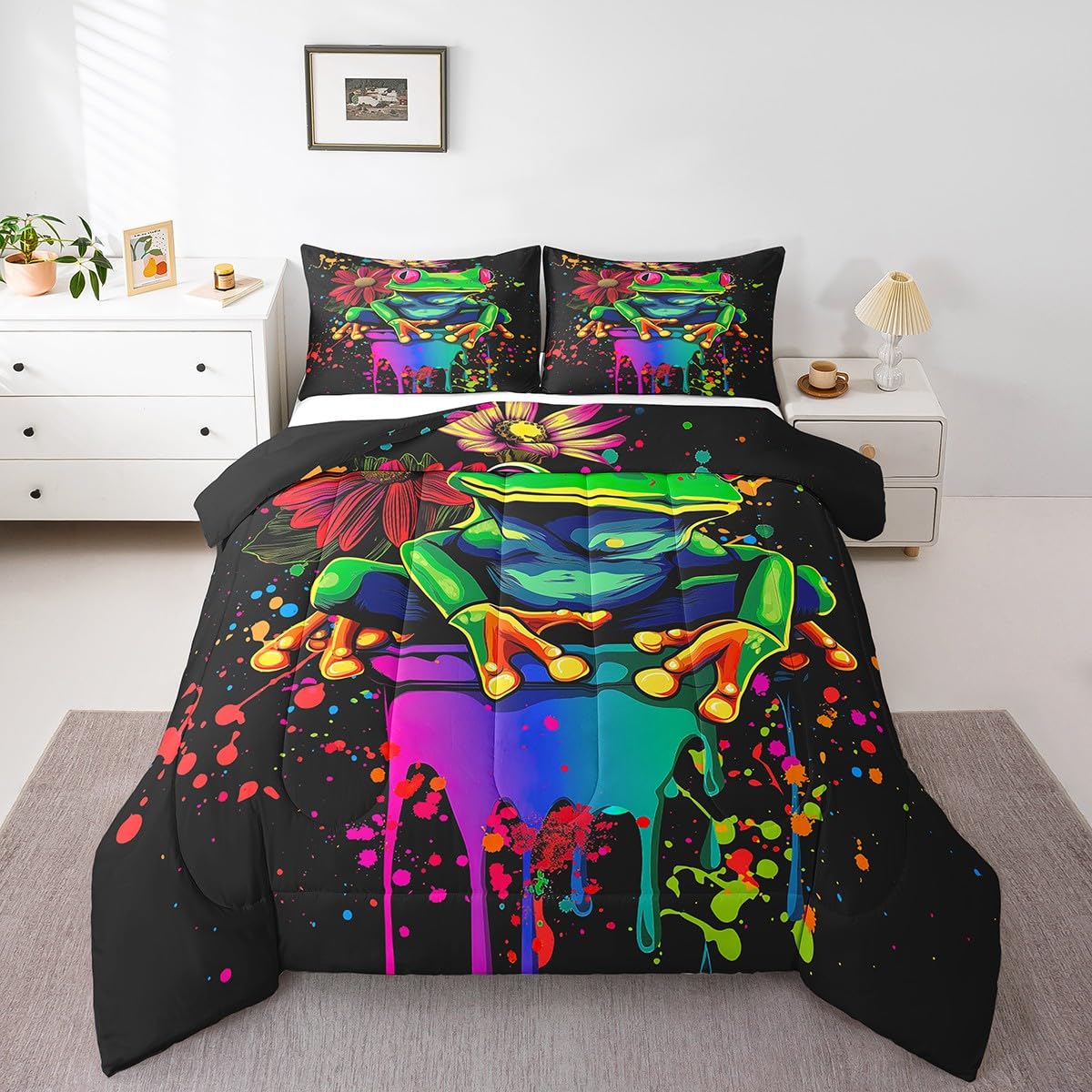 Colorful Tie Dye Bedding Set,Cartoon Frog Print Comforter Set,Rainbow Graffiti Style Duvet Insert for Kids Boys Girls Child,Rose Flower Daisy Floral Down Comforter for Bedroom Decor,2 Pillow Shams
