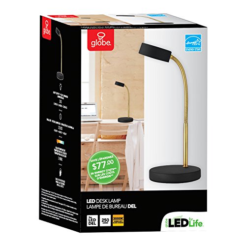 Globe Electric Desk Lamp, Gold Gooseneck, Matte Black Finish, 5W Energy Star Integrated LED, 250 Lumens 30061, 15.45", Black & Gold