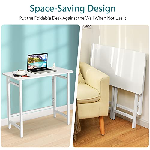 Tangkula White Folding Desk, Compact Computer Desk Modern Home Office Laptop PC Workstation Compact Study Writing Reading Table for Small Space (White)