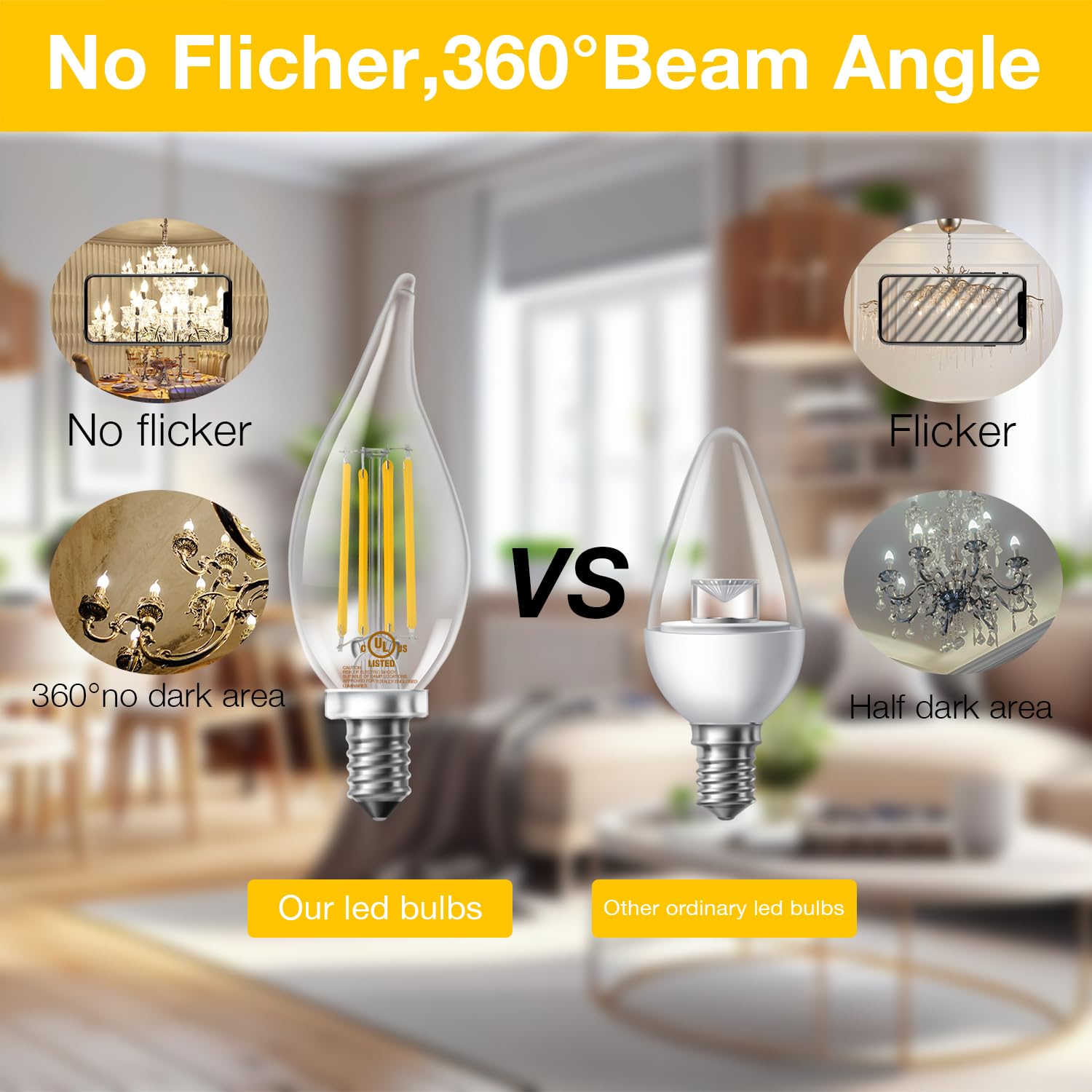 DAYBETTER Candelabra LED Light Bulbs, Chandelier Light Bulbs, LED Candelabra Bulbs 60 Watt Equivalent Dimmable E12 LED Bulb 2700K Warm White,5.5W 600LM Flame Tip Vintage CA11 Candle Light Bulbs 5 Pack