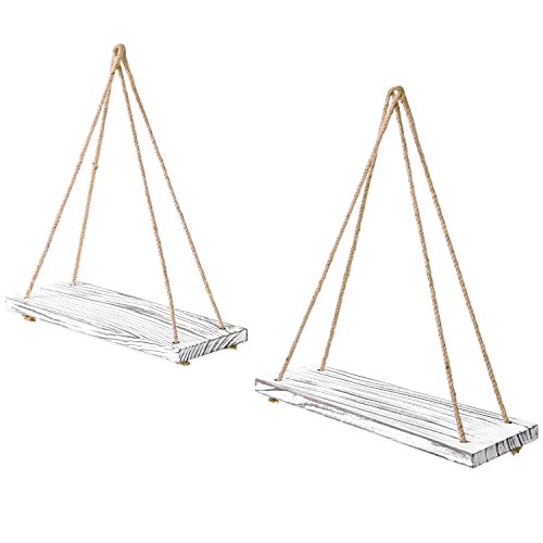 MyGift 17-inch Whitewashed Wood Hanging Swing Rope Floating Shelves - Farmhouse Rustic Triangle Wall Plant Shelf, Set of 2