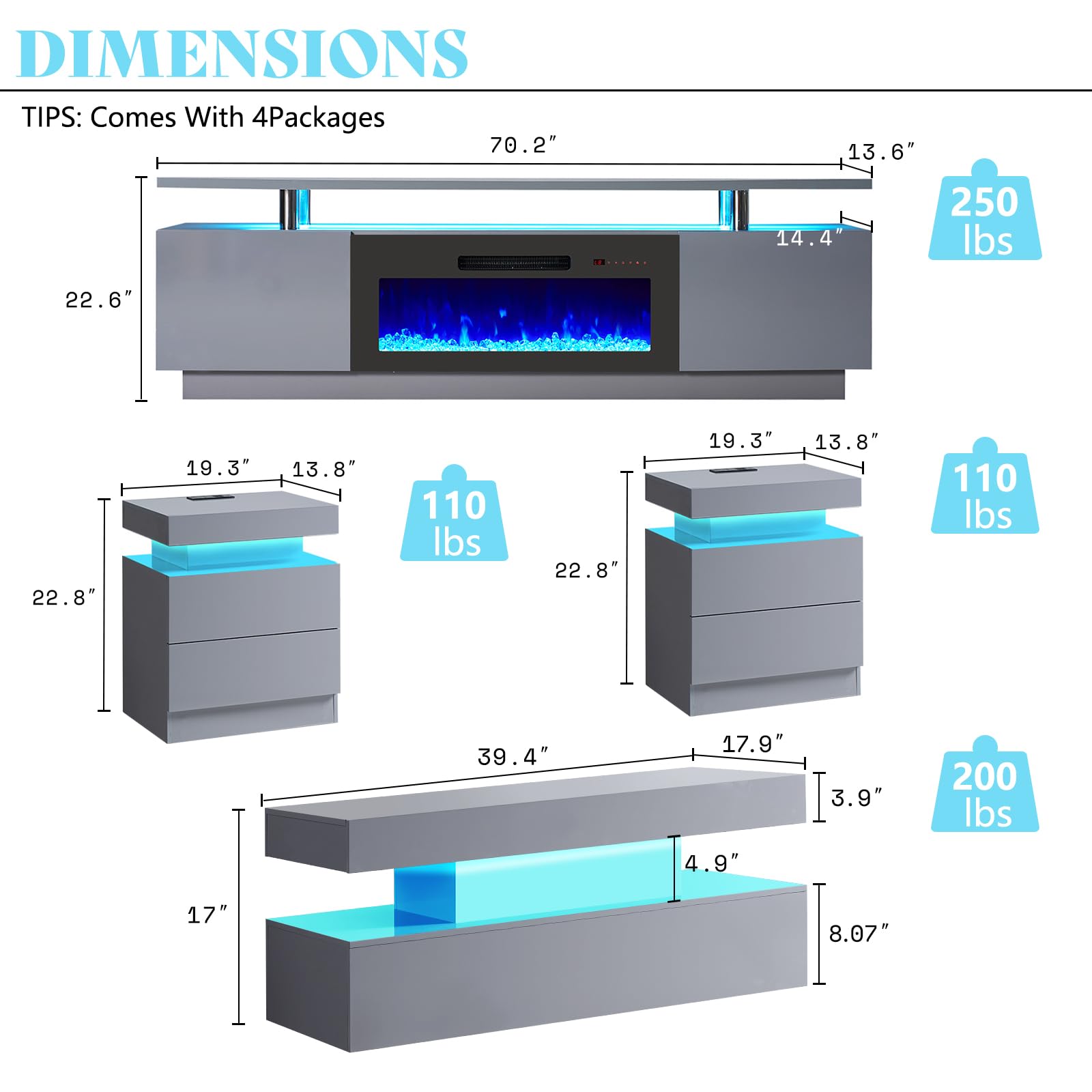 AMERLIFE 5 Piece Modern Living Room Table Set, Includes 70" Fireplace TV Stand, 2-Tier Coffee Table, 2 X Side Tables with Charging Station, LED Media Furniture, Grey