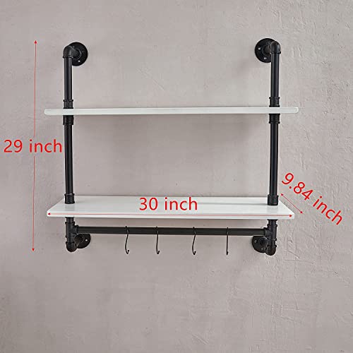 ROGMARS Industrial Pipe Shelving Floating Bathroom Shelves with Towel Bar Over Toilet,2 Tier 30 inch Retro White Rustic Farmhouse Pipe Wall Shelves for Kitchen Storage (30inch 2 Tier)