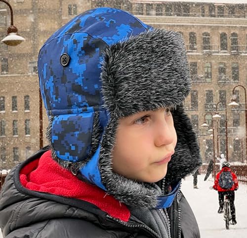 N'Ice Caps Kids Winter Trapper Hat Warm Large Ear Flaps (Black 1, 10-12 Years)
